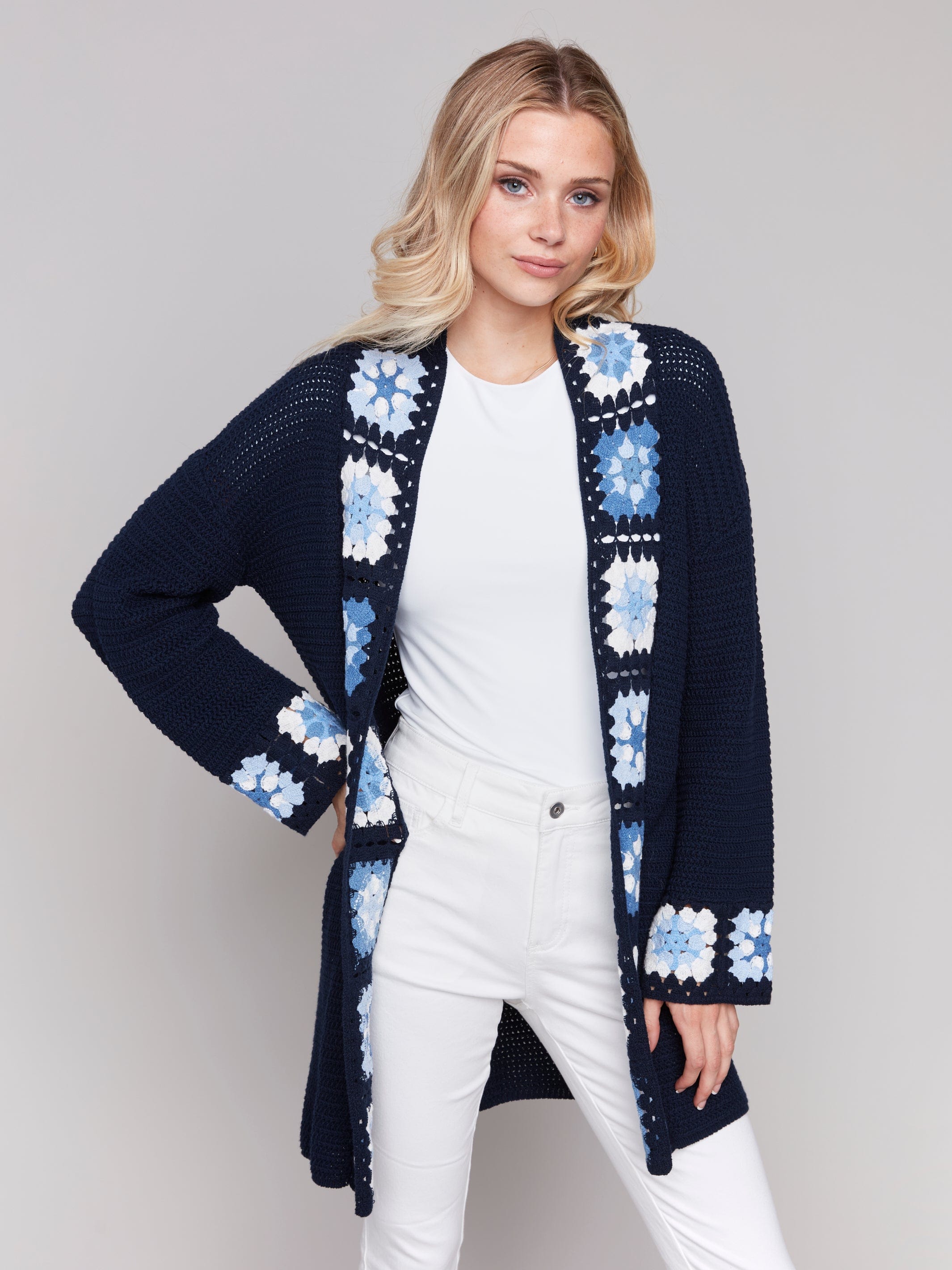 Charlie B long Sleeve Knit Cardigan With Crochet Border - C2789 – 30 ...