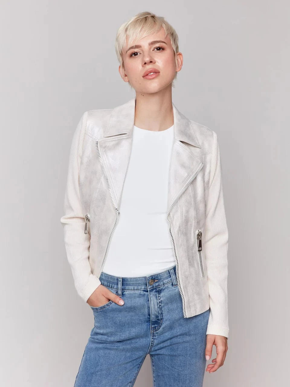 Charlie B Foiled Vintage Faux Leather and Rib Knit Moto Jacket - C6273 ...